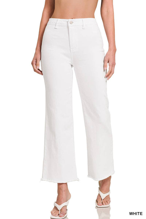 Acid Washed Straight Wide Leg Pants with Frayed Hem – Stretch Cotton W ...